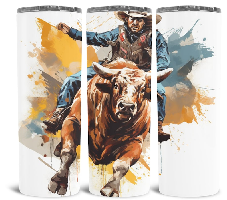 Watercolor Action Shot Cowboy Riding A Bull 3D Sublimation 20 Oz Skinny ...