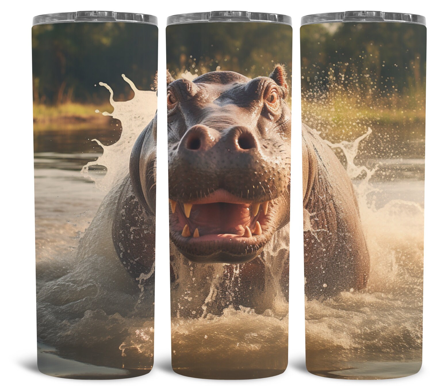 Hippopotamus Attacking Bursting Out of Water 3D Sublimation 20oz Skinny ...