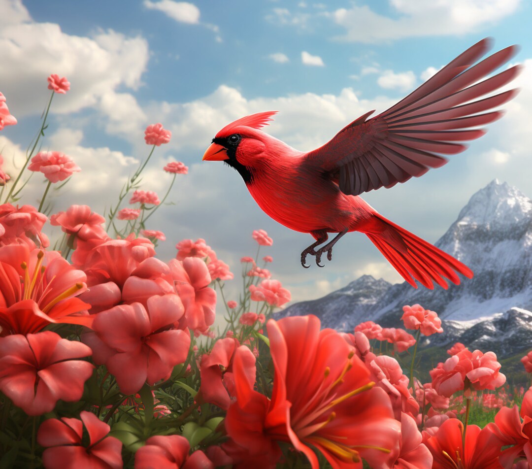 Red Cardinal Bird Flying Through Red Flowering Field Tumbler Wrap - 3D ...