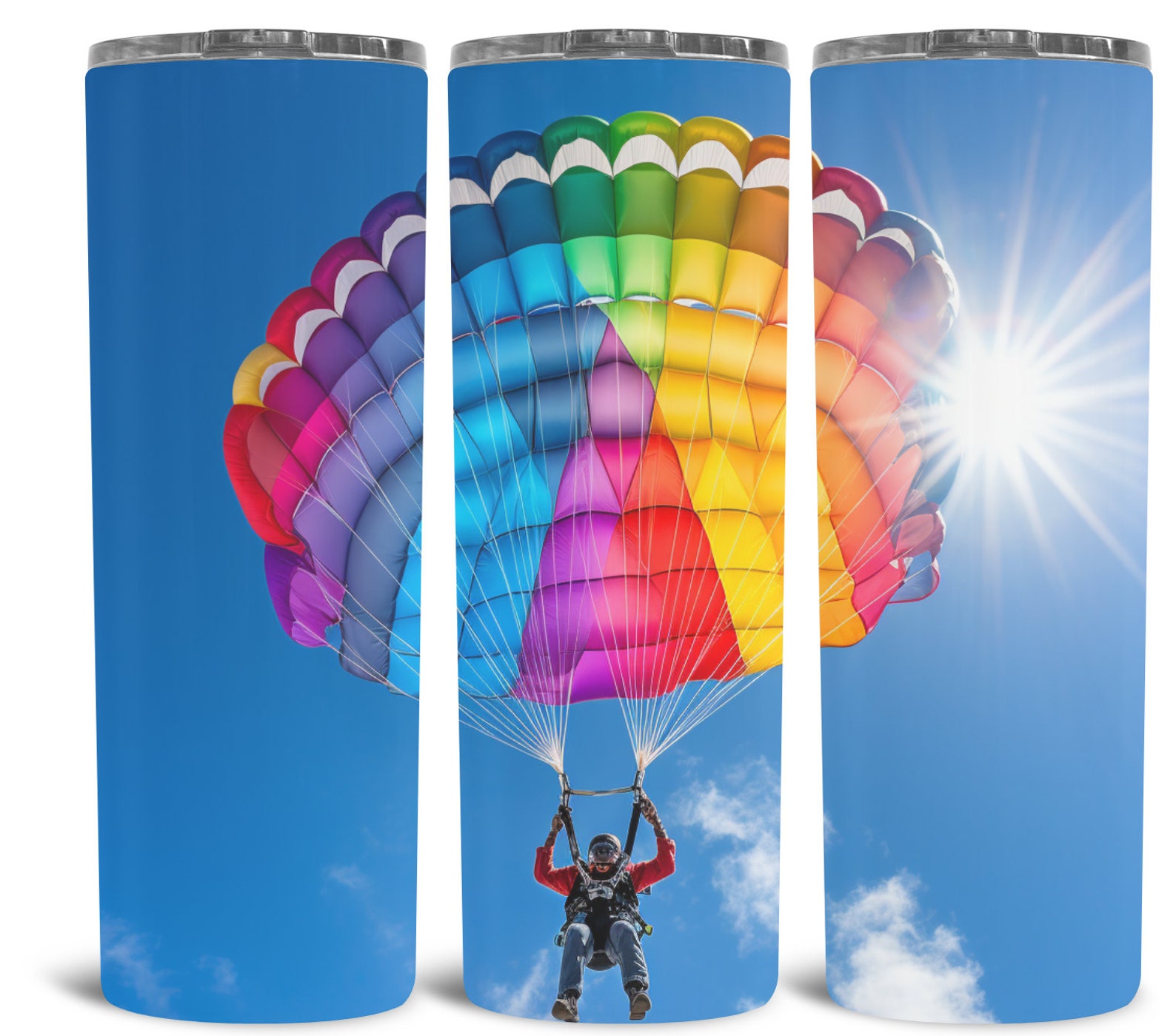 Skydiver With Rainbow Parachute Floating on Blue Sky With Bright Sun 3D ...