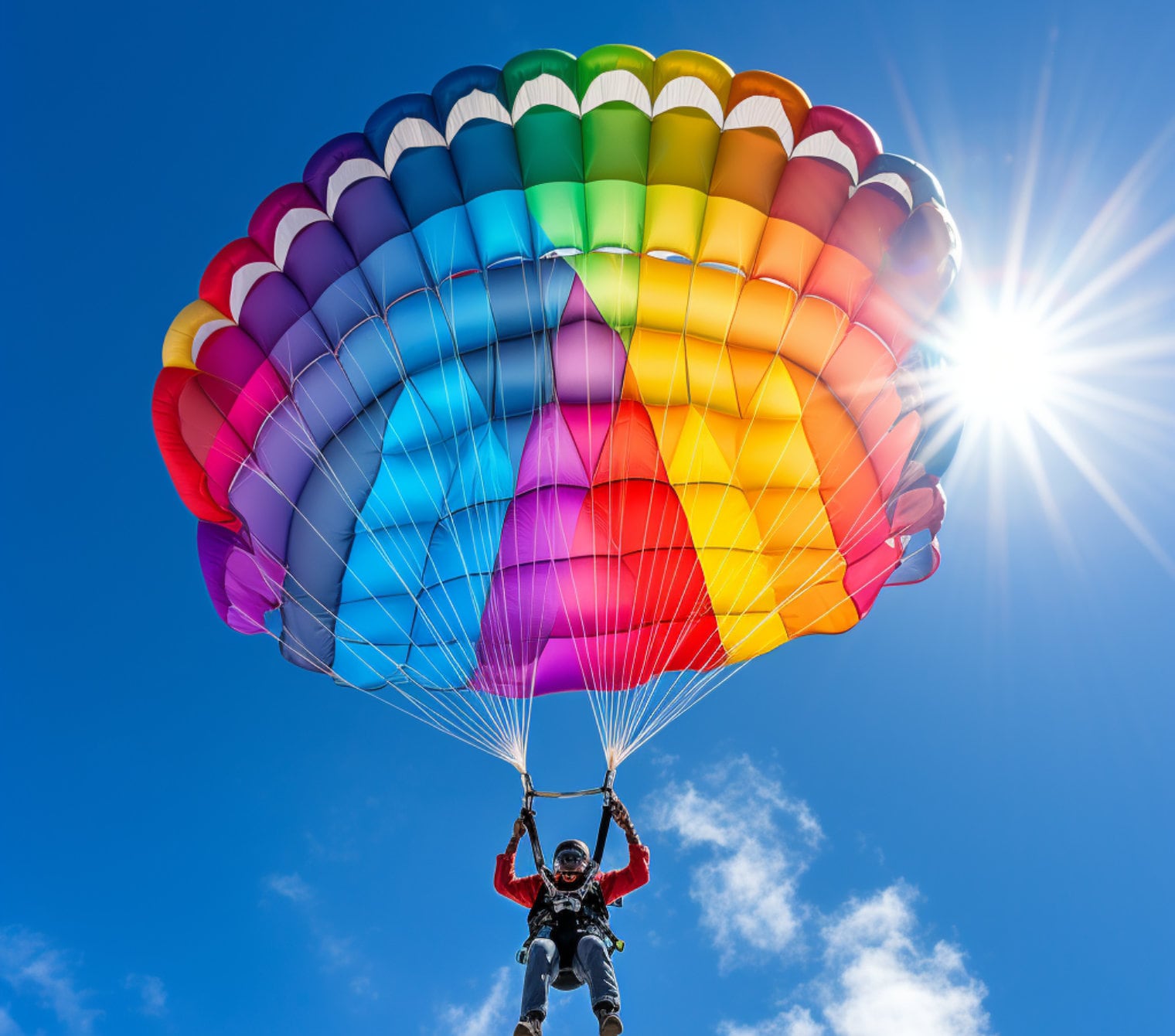 Skydiver With Rainbow Parachute Floating on Blue Sky With Bright Sun 3D ...