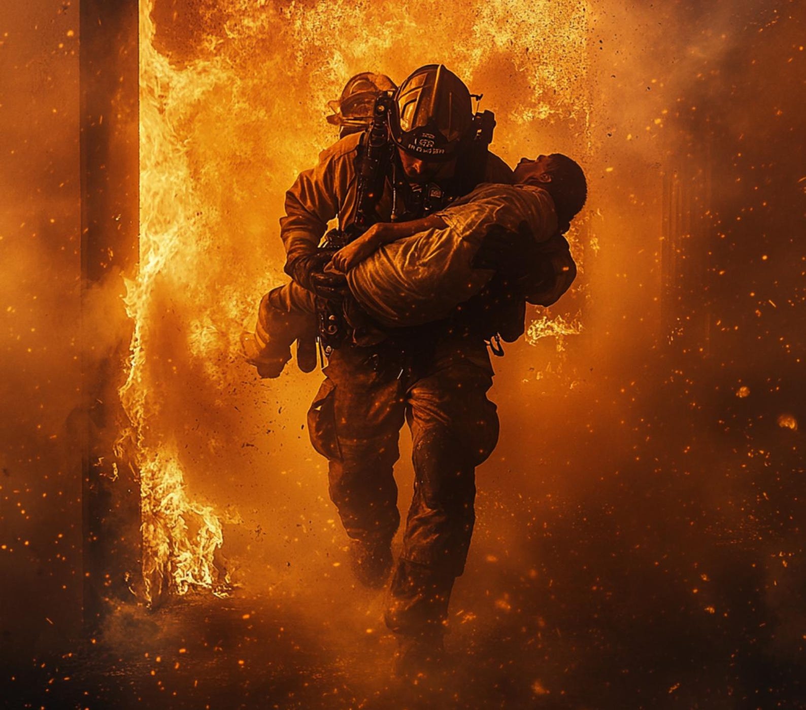 Firefighter Interior Crew Exiting Blazing Structure With Child 3D ...