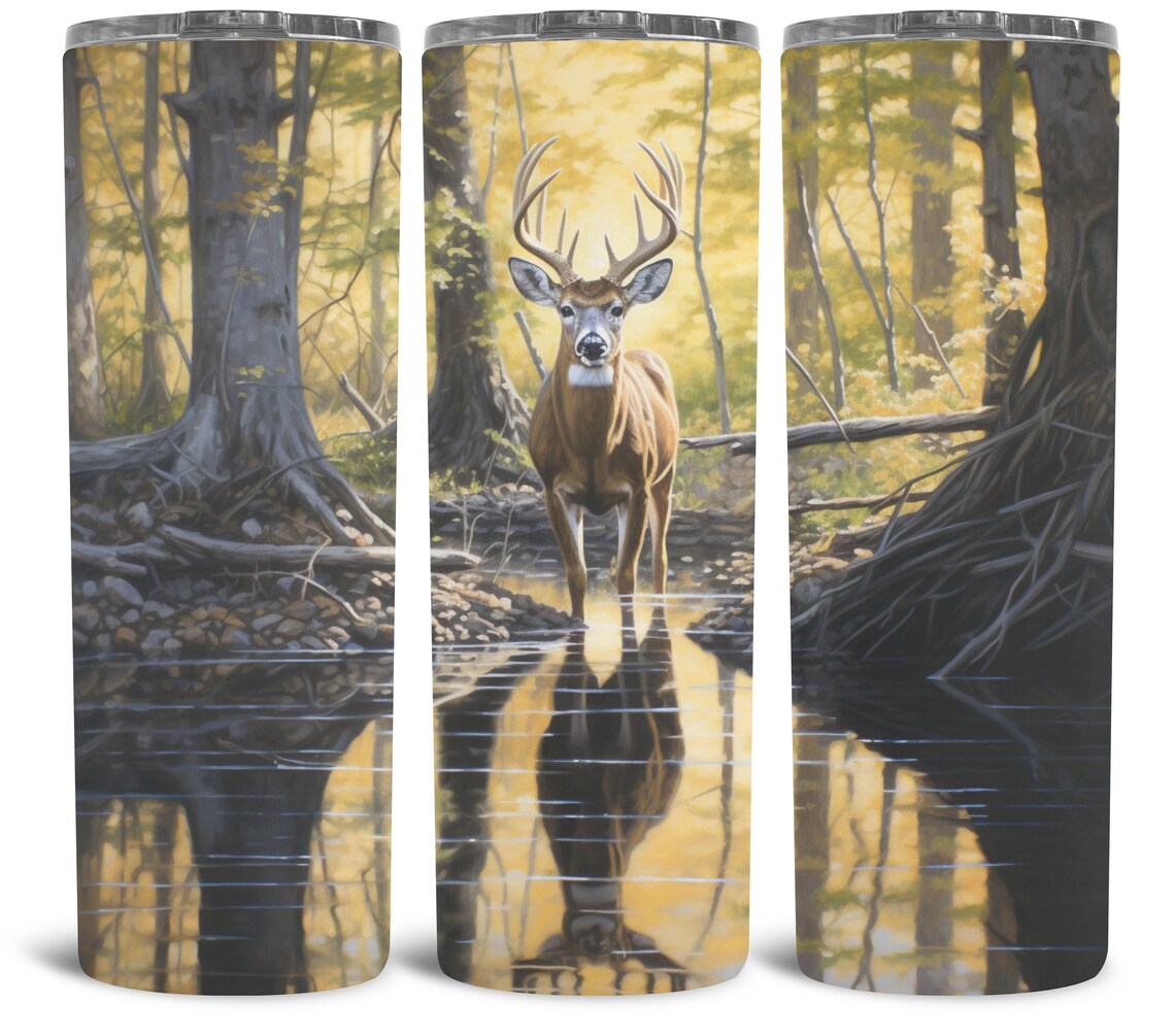 Hunters Dream Large Whitetail Buck at Backwoods Waterhole Tumbler Wrap ...