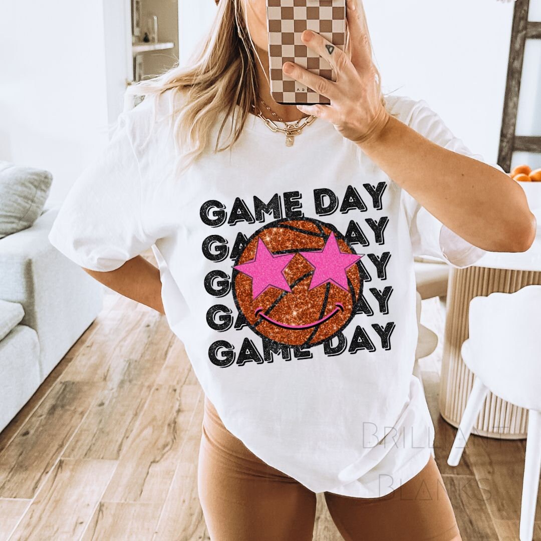 Preppy Basketball Game Day Repeat Pink Cute Stars Smiley Face Sparkle ...