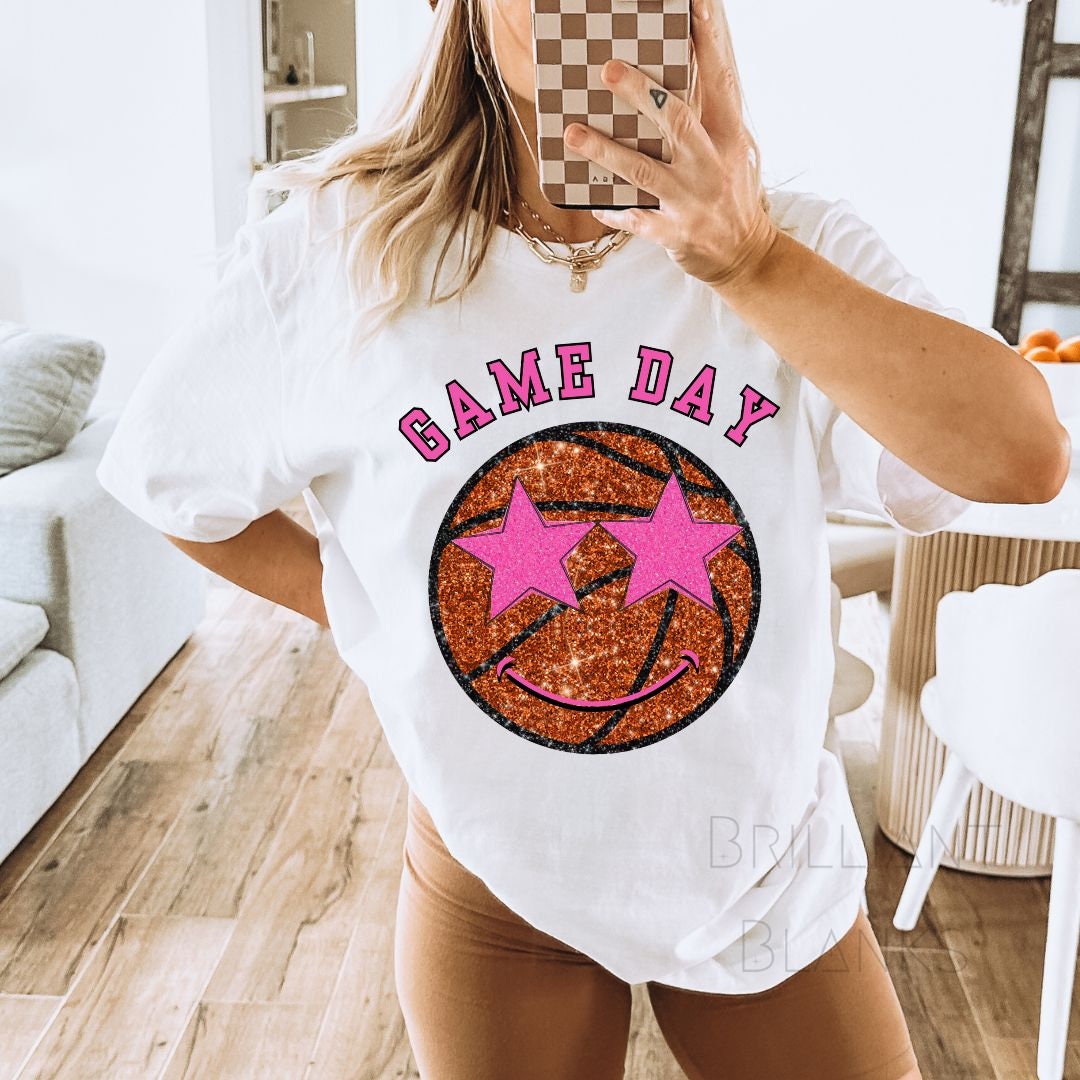 Preppy Basketball Pink Stars Sparkle Cute Sport Smiley Face Png Dtg ...