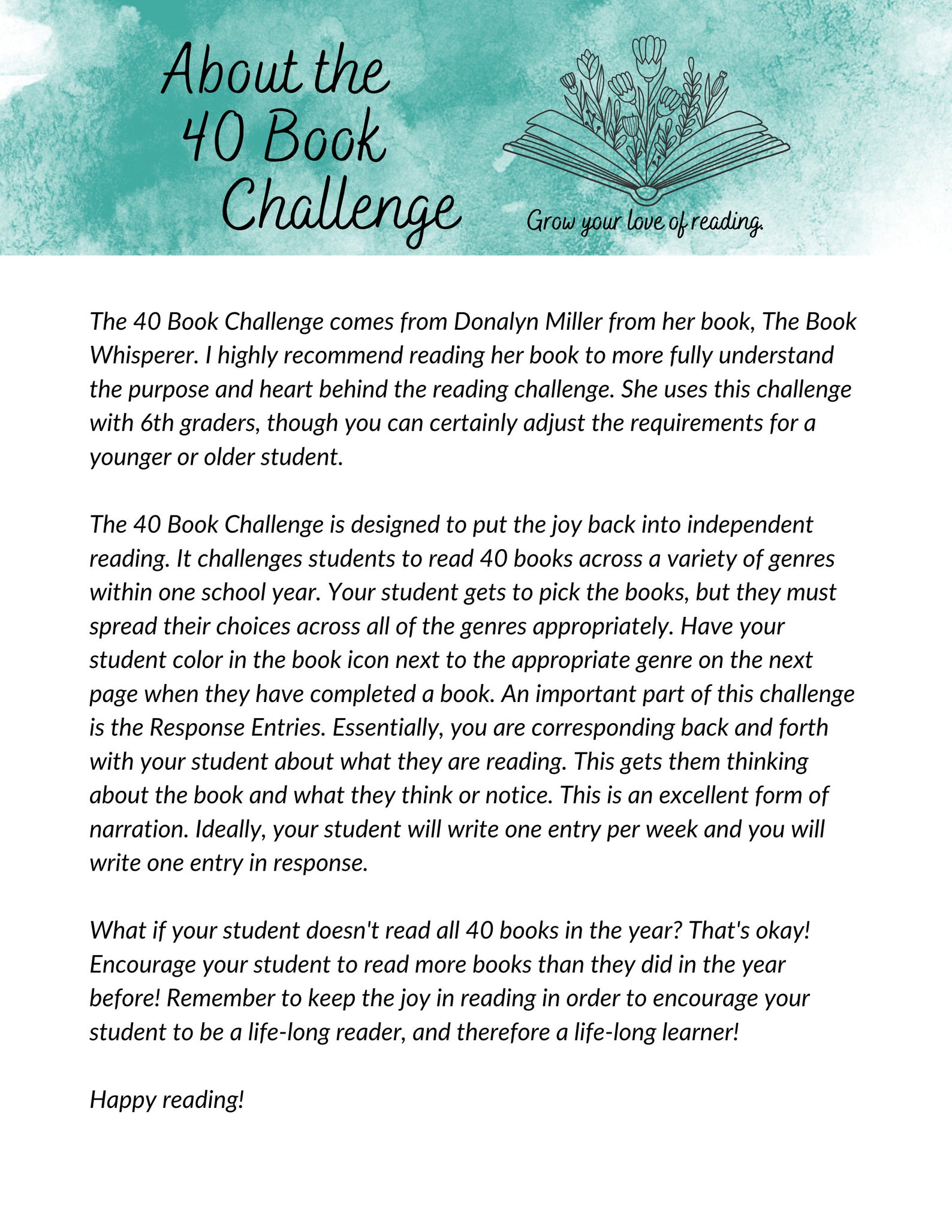 Student Reading Journal 40 Book Challenge, From the Book Whisperer ...