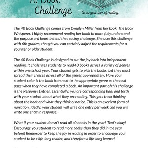 Student Reading Journal 40 Book Challenge, From the Book Whisperer ...