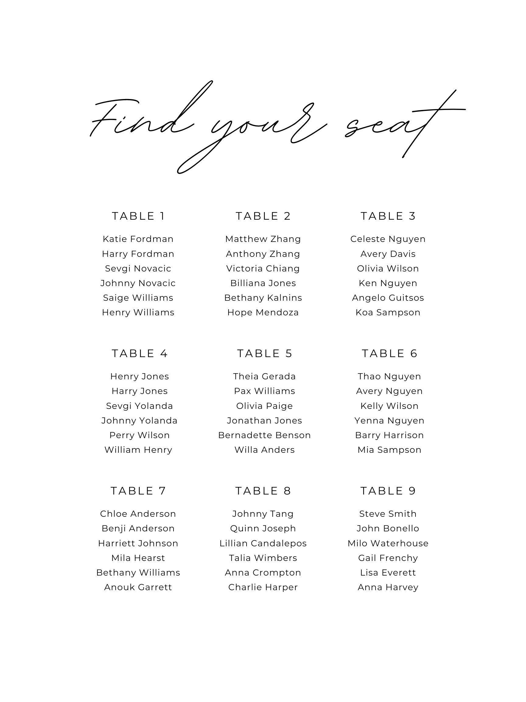 Seating Chart Template, Modern Editable Seating Chart, Minimalist ...