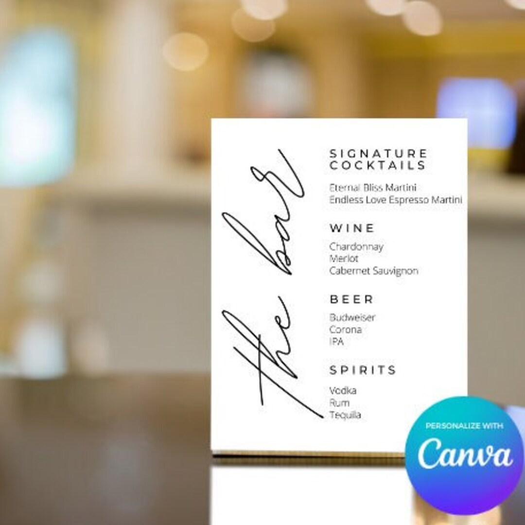 Modern Bar Sign Template, Minimalist Printable Bar Menu, Signature ...