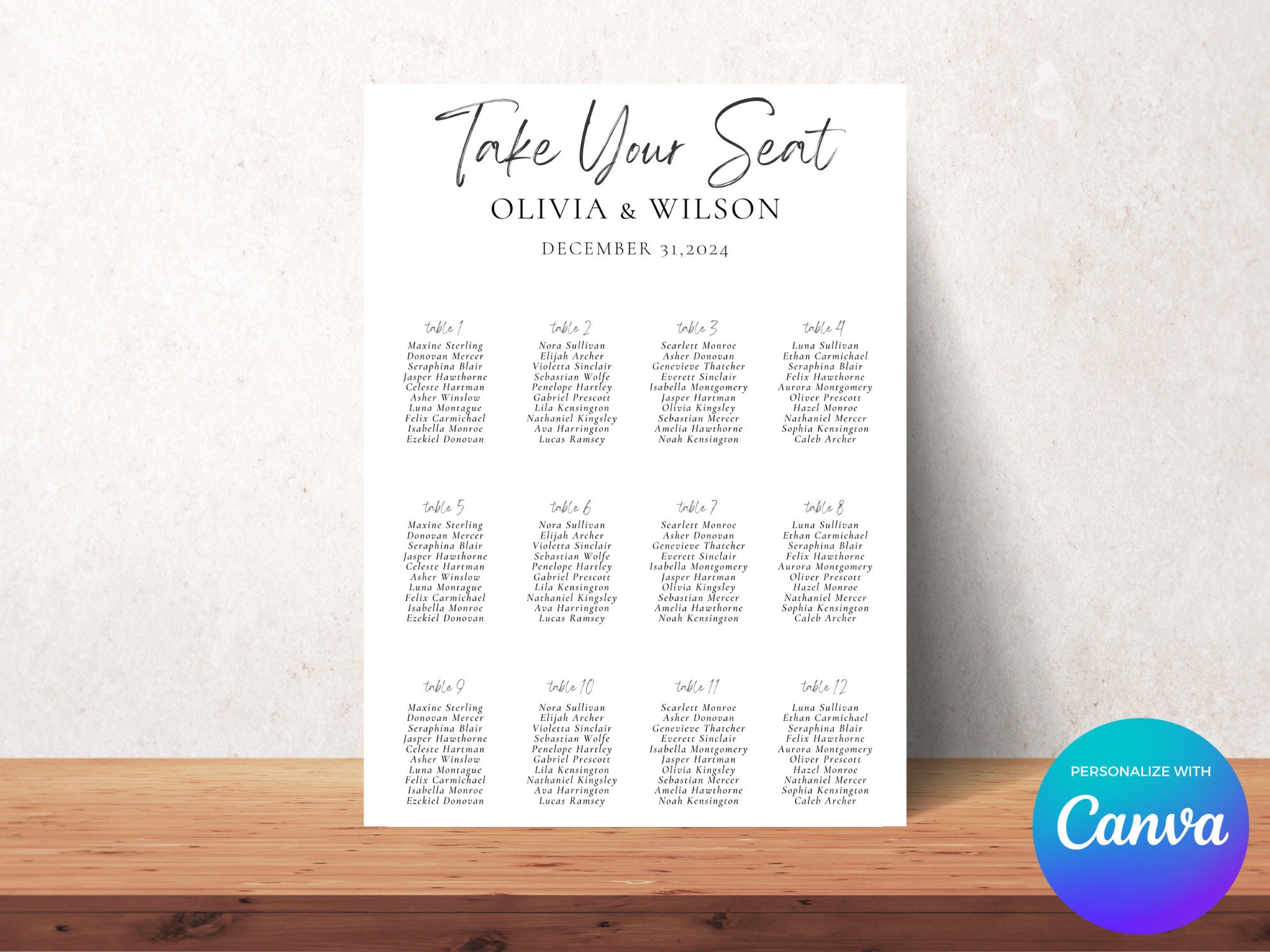 Seating Chart Template, Modern Editable Seating Chart, Minimalist ...