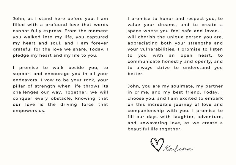 Modern Wedding Vow Card Template, Editable His and Her Vows, Printable ...