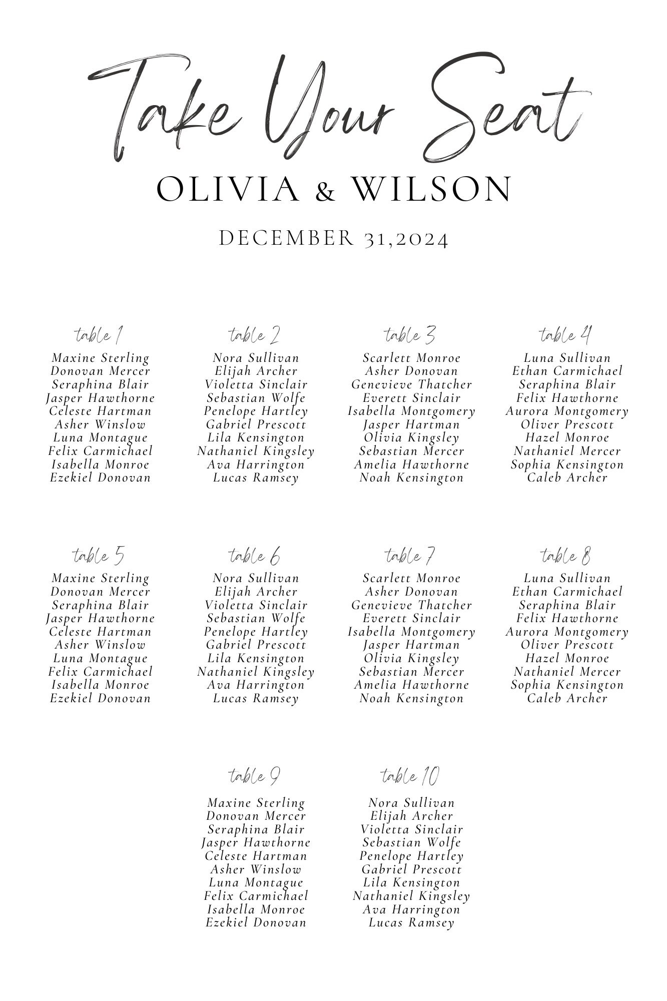 Seating Chart Template, Modern Editable Seating Chart, Minimalist ...