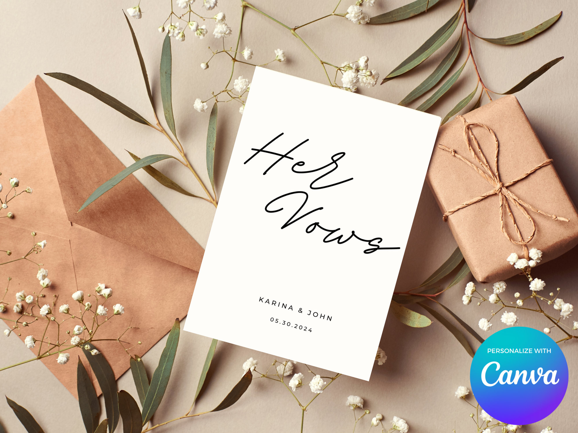 Modern Wedding Vow Card Template, Editable His and Her Vows, Printable ...