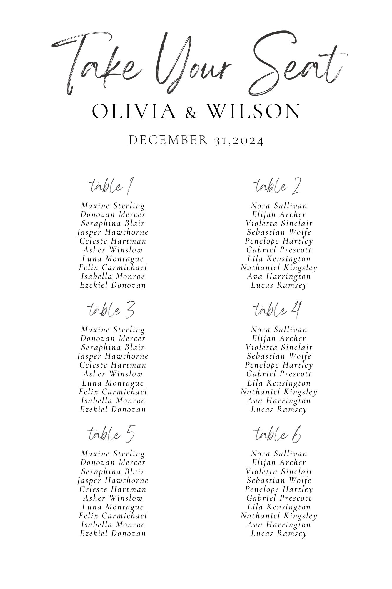 Seating Chart Template, Modern Editable Seating Chart, Minimalist ...
