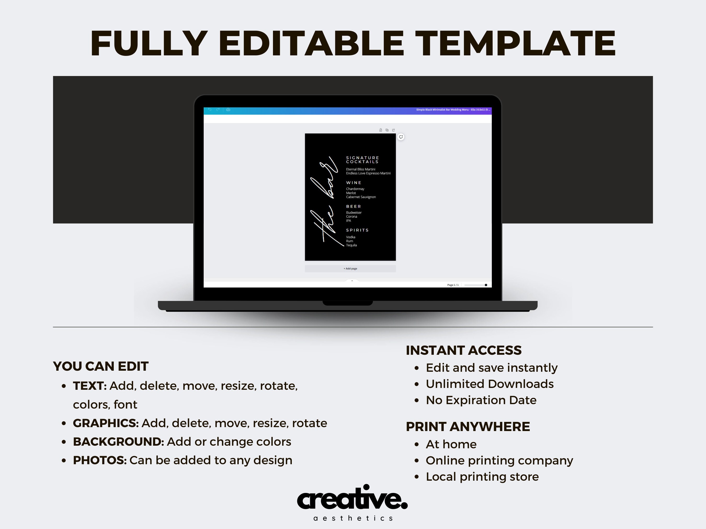 Modern Bar Sign Template, Minimalist Printable Bar Menu, Signature ...