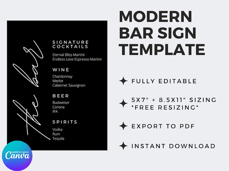Modern Bar Sign Template, Minimalist Printable Bar Menu, Signature ...