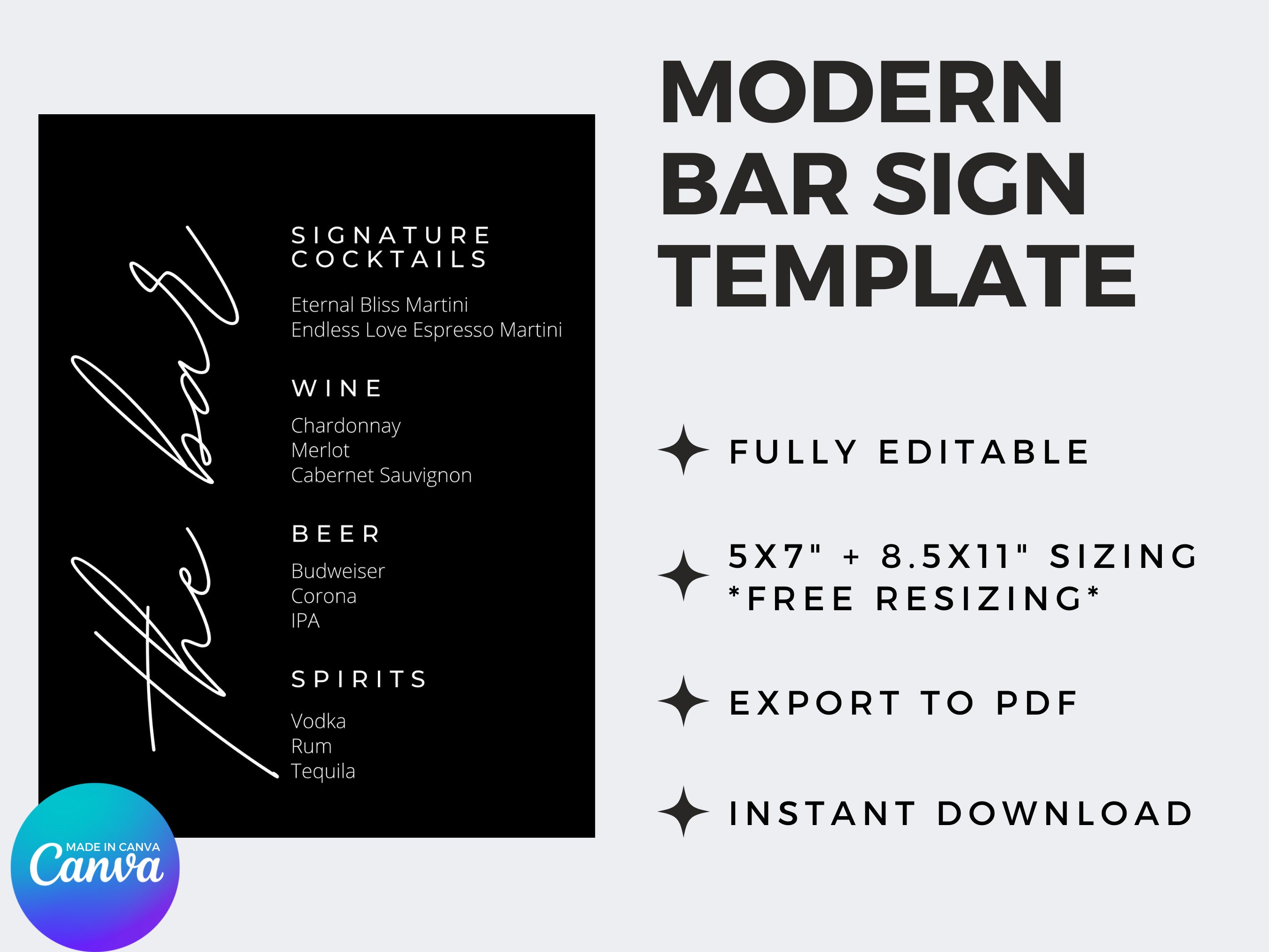 Modern Bar Sign Template, Minimalist Printable Bar Menu, Signature ...