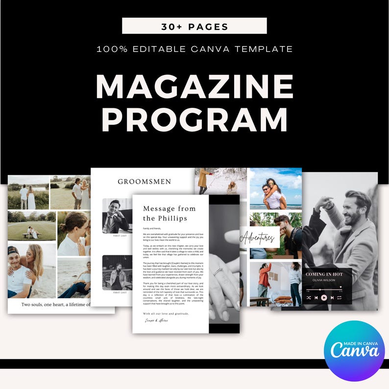 Modern Wedding Magazine Program Template: DIY Canva Itinerary (8.5x11 ...