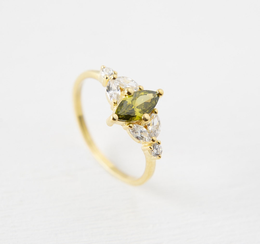 14K Peridot Engagement Ring, Marquise Cut Peridot Ring, Dainty Ring ...