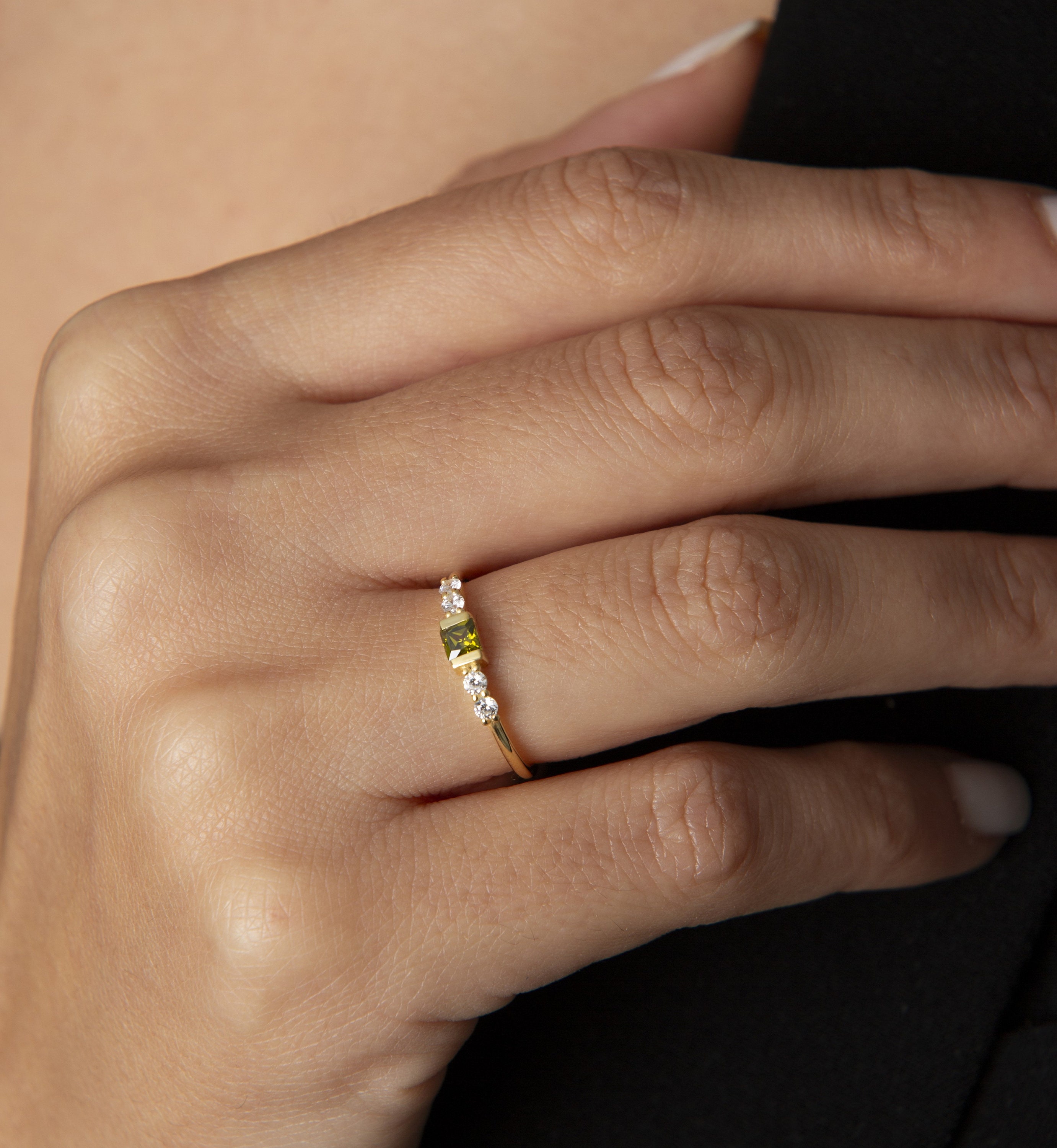 14K Peridot Engagement Ring, Princess Cut Peridot Ring, Elegant Peridot Ring Solid Gold ...