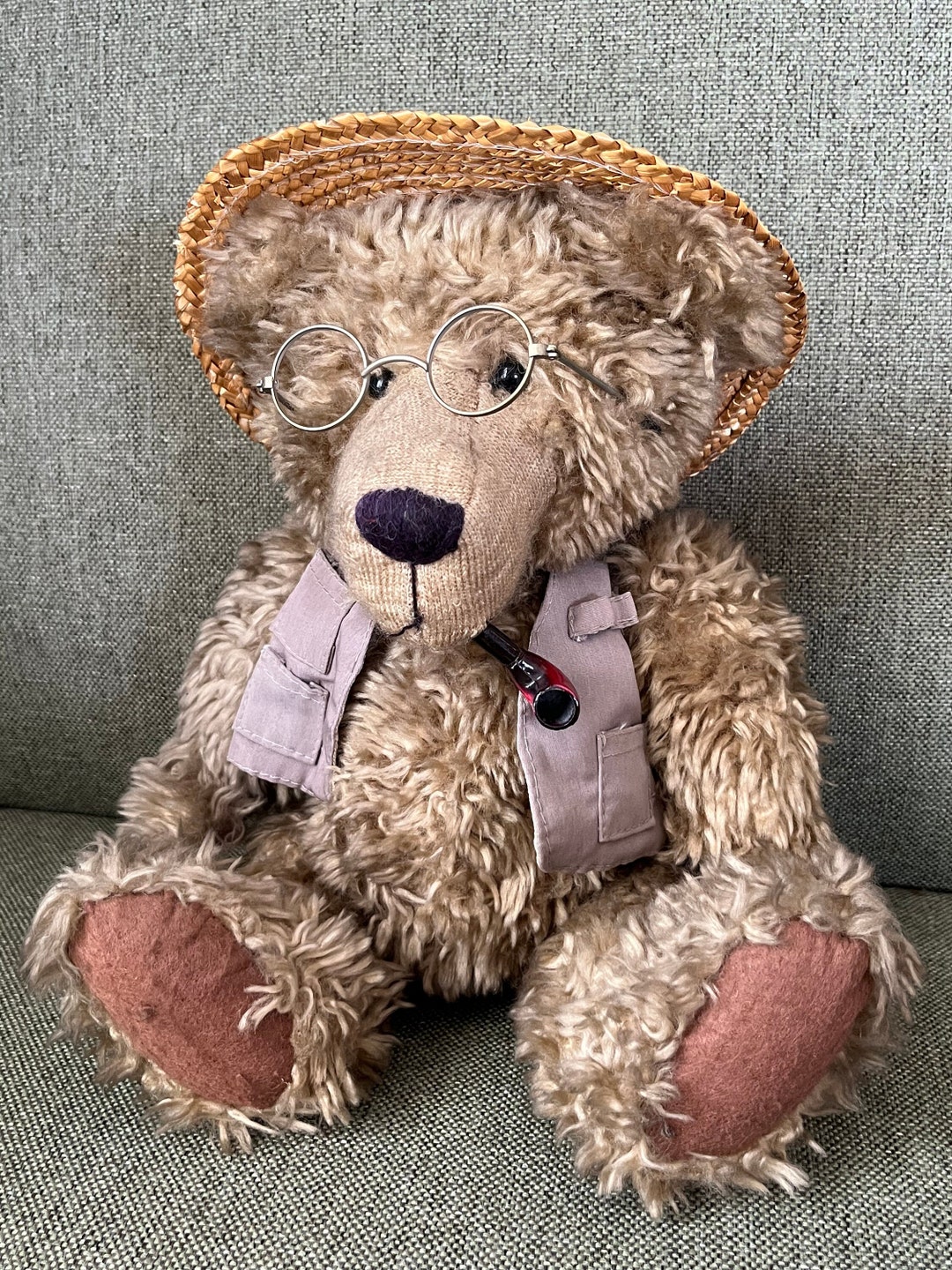 Vintage Teddy Bear With Pipe and Straw Hat , Vintage Toy, Vintage Plush ...