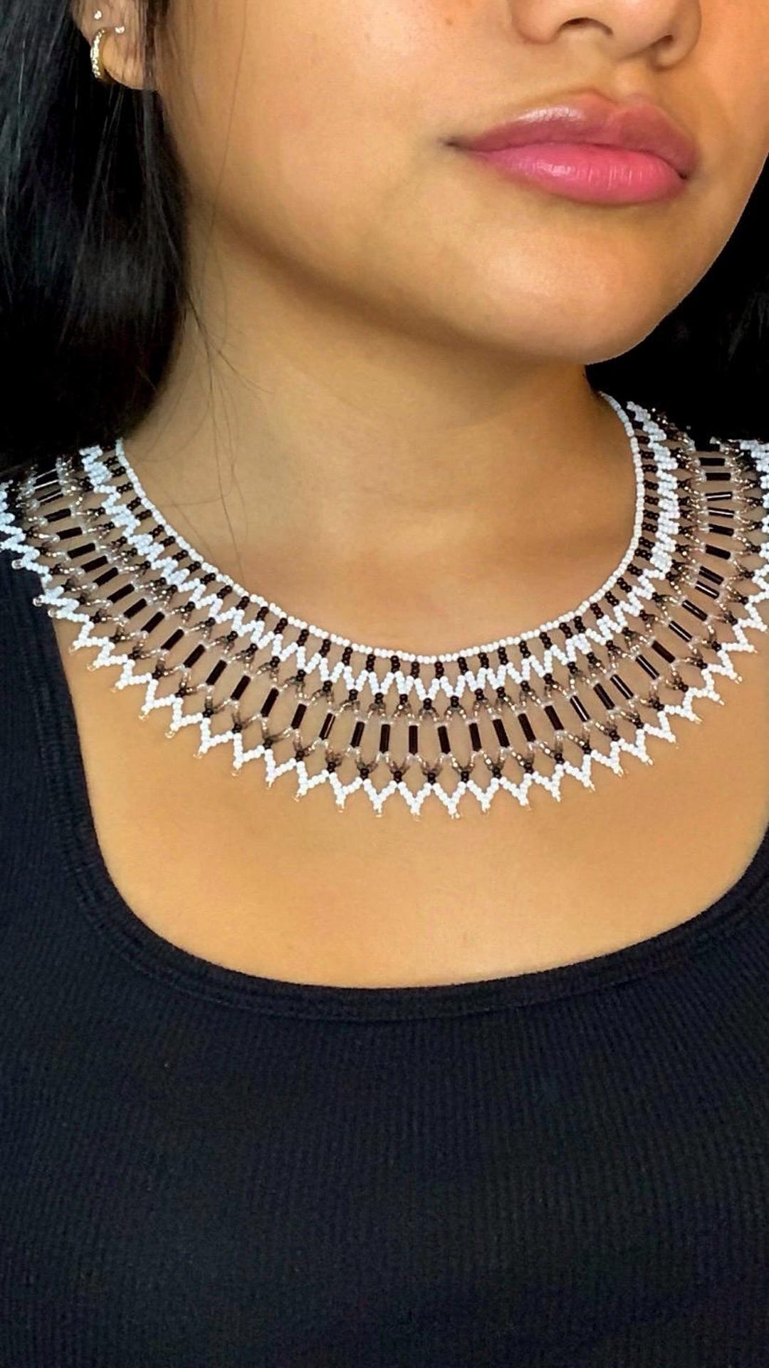 Indigenous Beaded Necklace Black and White, Native American Beadwork ...