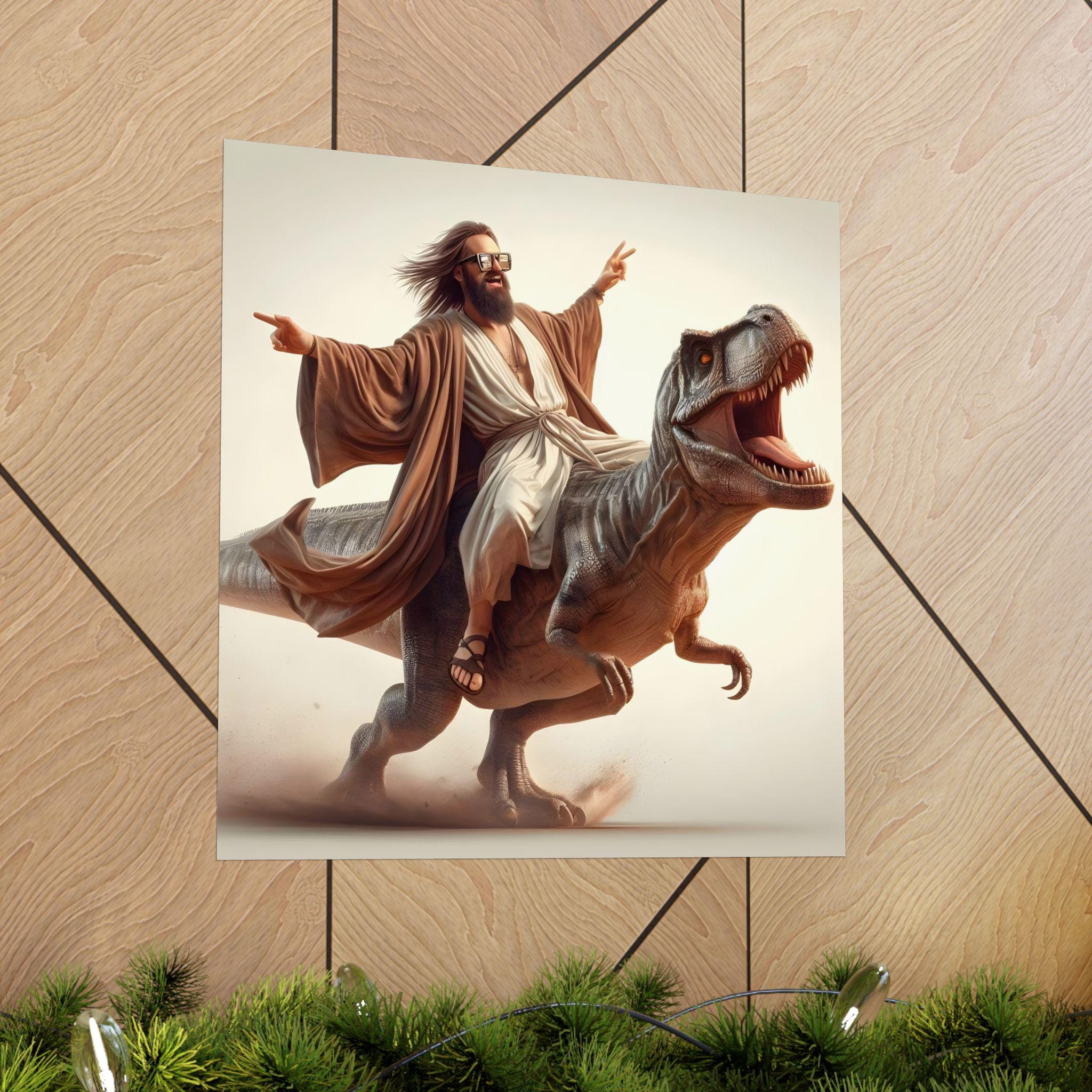 Jesus Christ on a Dinosaur Poster, Dinosaur Lovers Gift, Christian Gift ...