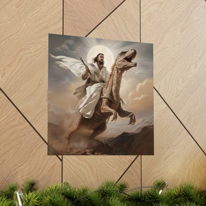 Jesus Christ on a Velociraptor Poster, Dinosaur Lovers Gift, Christian ...