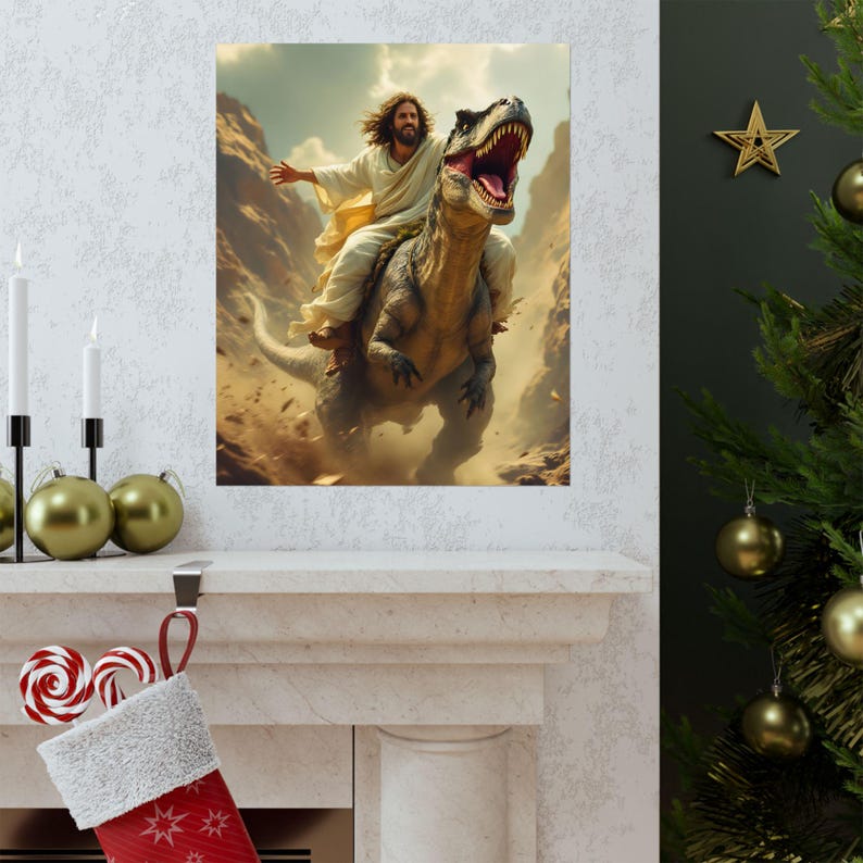 Jesus Christ on a Dinosaur Poster, Dinosaur Lovers Gift, Christian Gift ...