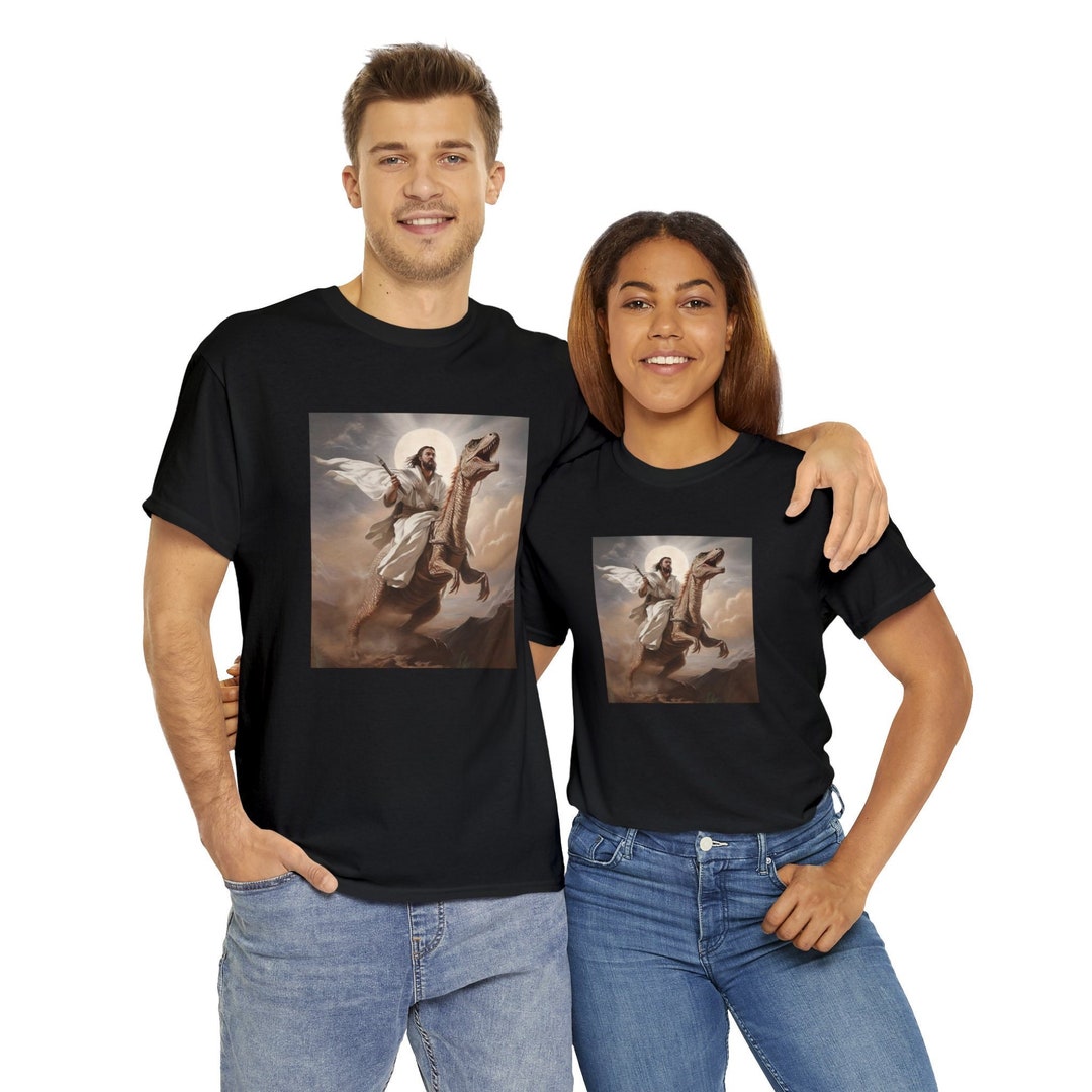 Jesus Christ on a Velociraptor Shirt, Dinosaur Lovers Shirt, Christian ...