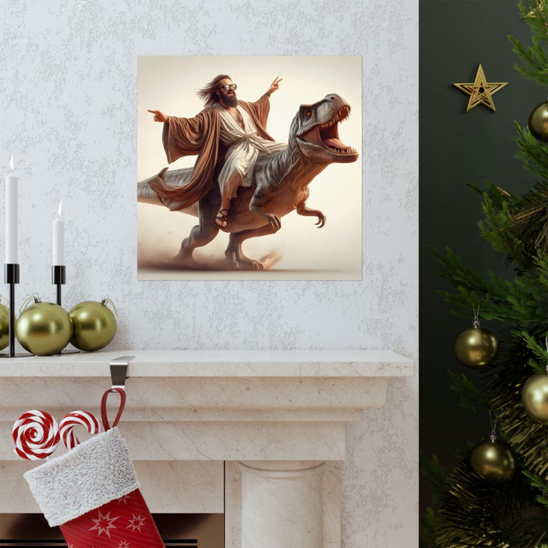 Jesus Christ on a Dinosaur Poster, Dinosaur Lovers Gift, Christian Gift ...
