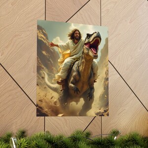 Jesus Christ on a Dinosaur Poster, Dinosaur Lovers Gift, Christian Gift ...