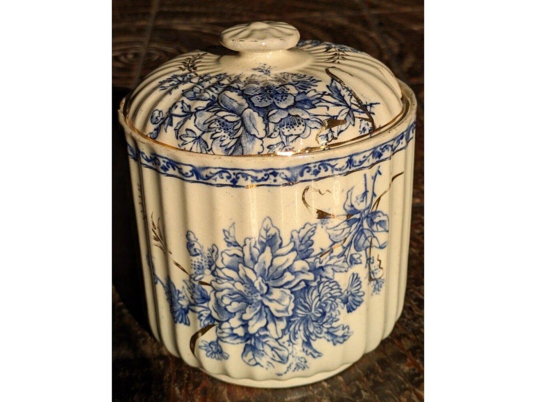Victorian Hand Painted Flow Blue & Gilt Ceramic Pottery Sugar Bowl Pot ...