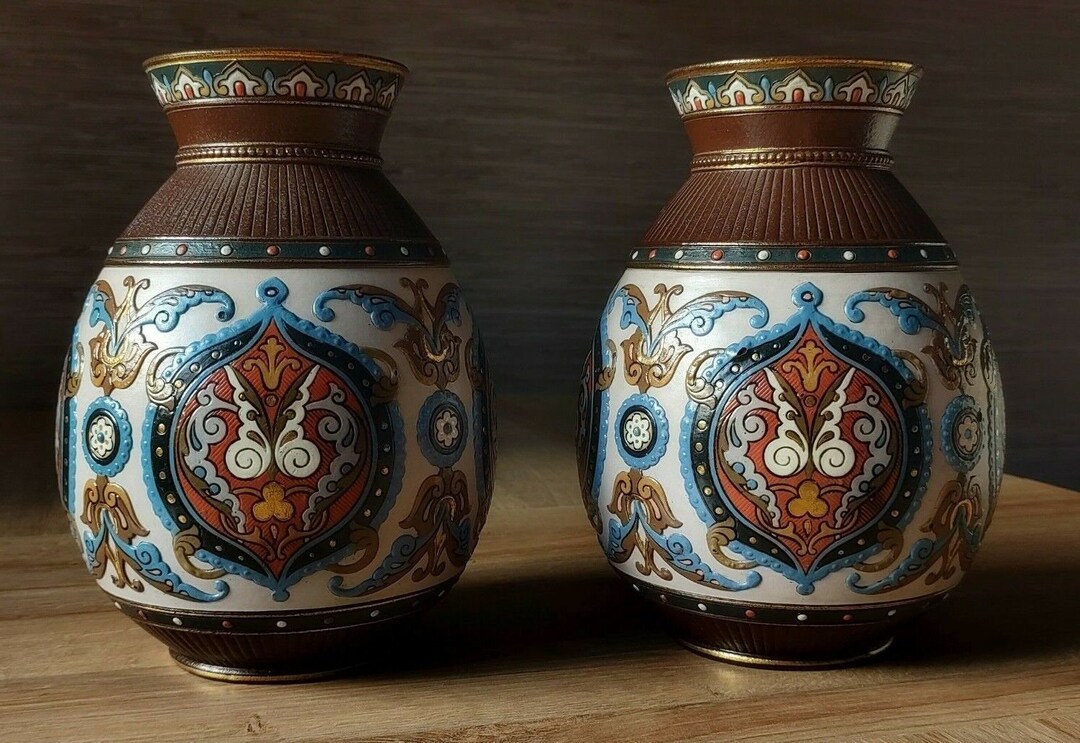 C.1900 Pair of Villeroy & Boch German Mettlach Antique Pottery Enamel ...