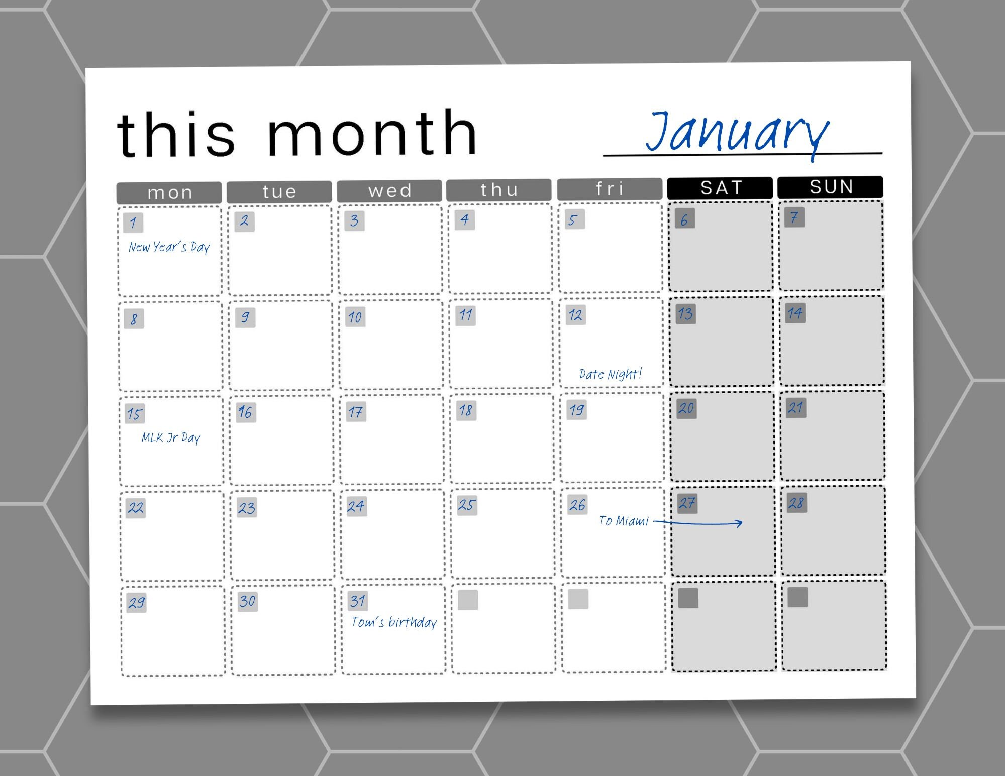 UNDATED Monthly Calendar landscape, Letter, Instant Download, Printable ...