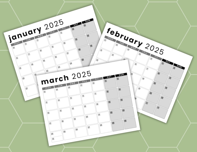 2025 Monthly Calendars | Monday Start, Landscape, Letter, Instant ...