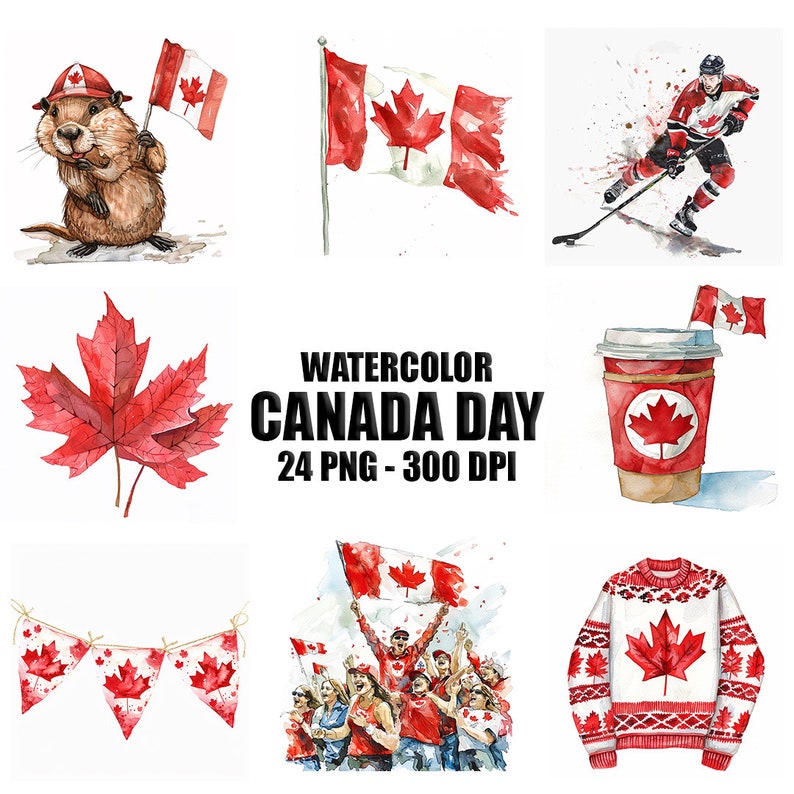Canada Day Watercolor Clipart, 24 PNG Canada Day Clip Art, Canada ...
