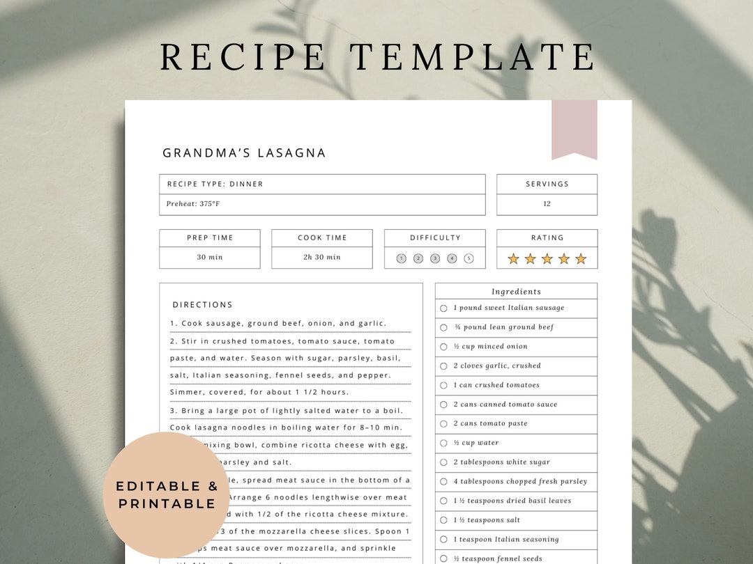 Recipe Template, Recipe Sheet Template, Recipe Cards, Minimal Recipe ...