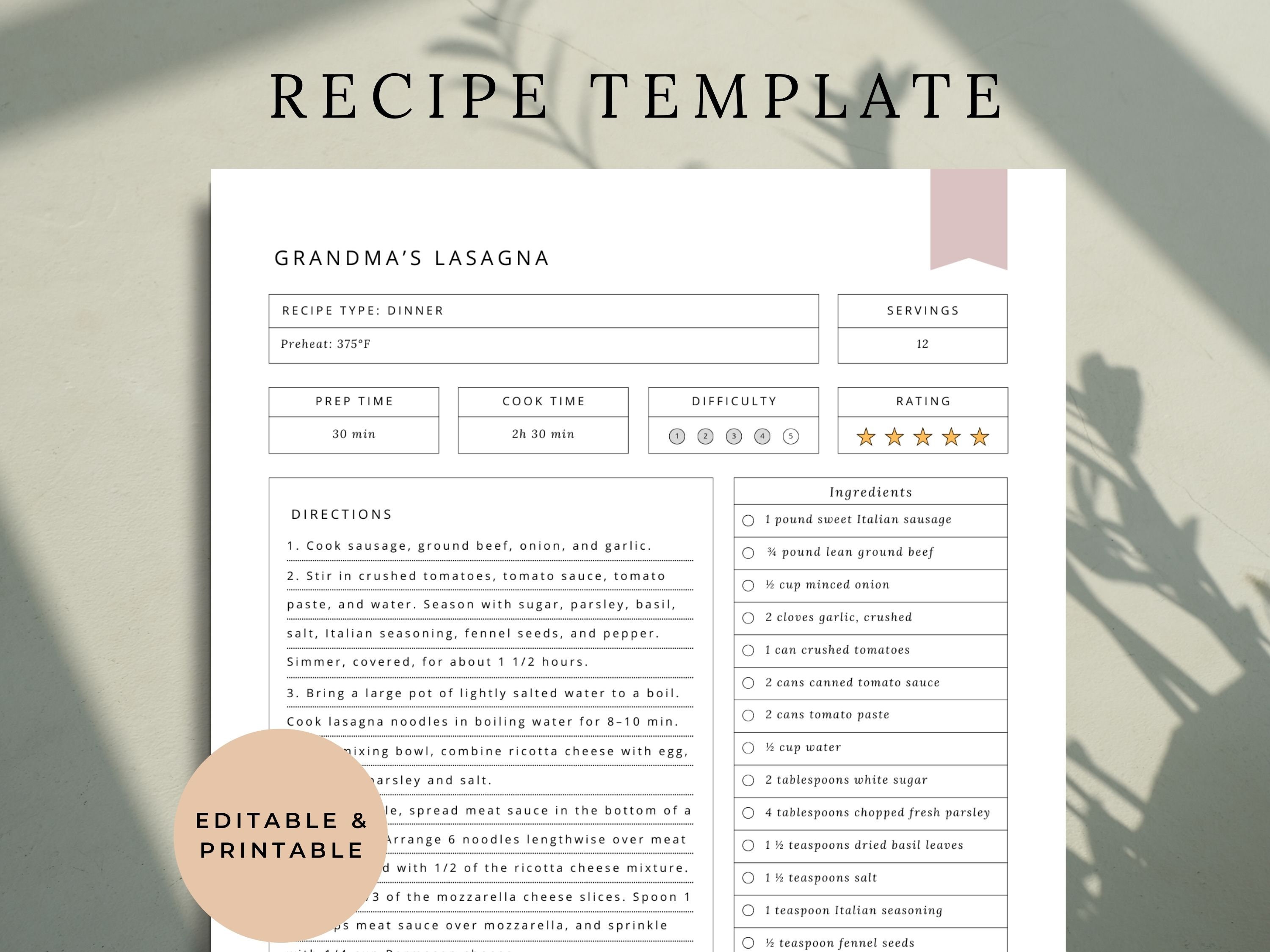 Recipe Template, Recipe Sheet Template, Recipe Cards, Minimal Recipe ...
