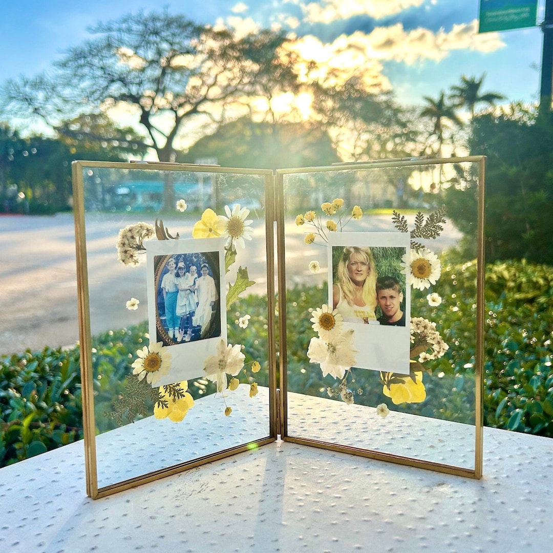 Personalized Polaroid Folding Picture Frame With Pressed Flowers, Gold ...