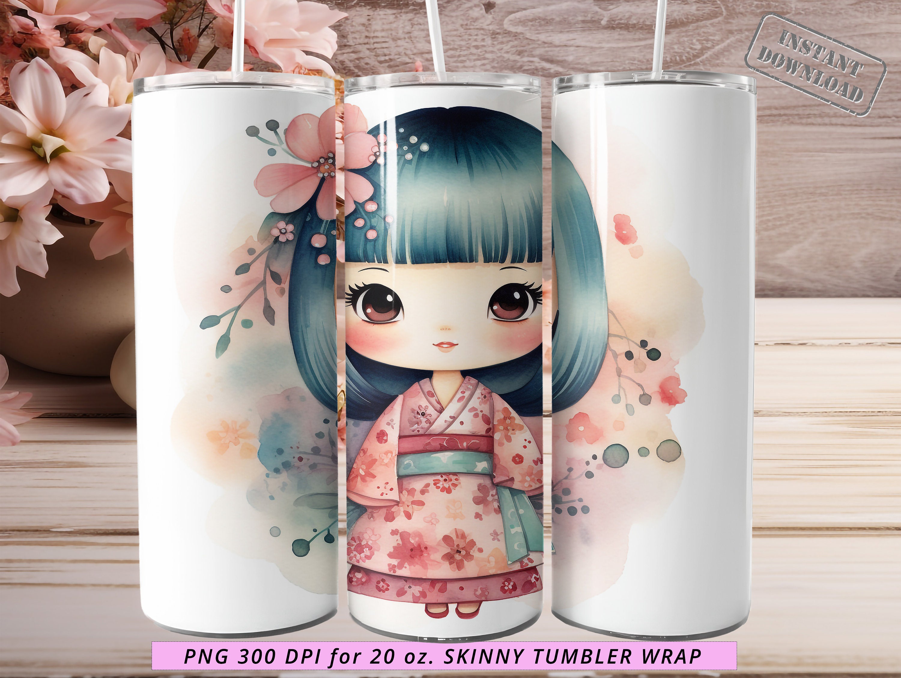 Geisha Doll Png for 20oz Skinny Tumbler Wrap Japanese Scene PNG ...