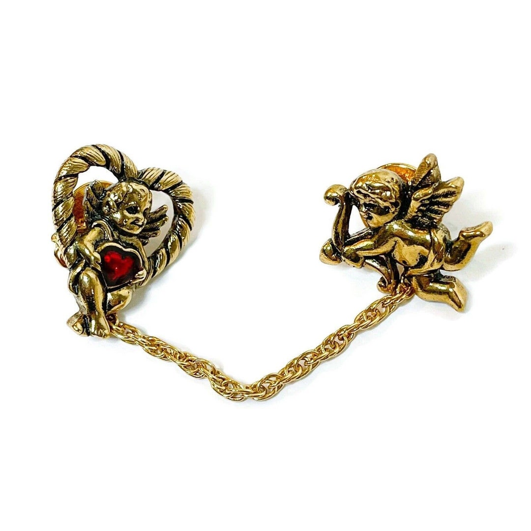 Vtg AVON Gold Tone Cherub Cupid Angel Brooch Pin Sweater Chain ...