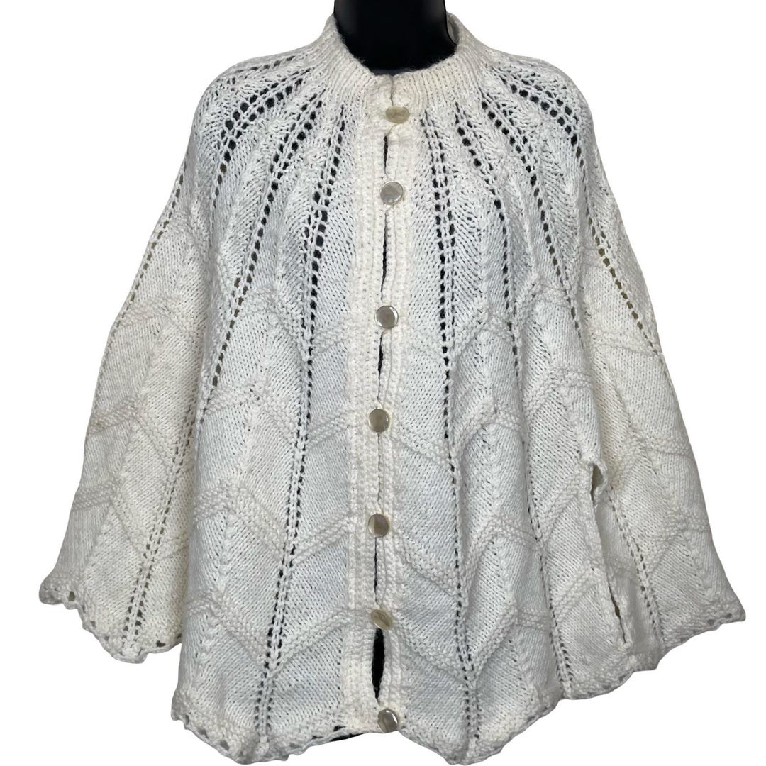 Vintage Cream Chunky Knit Cape Poncho Sweater Cardigan 70s Cottagecore ...