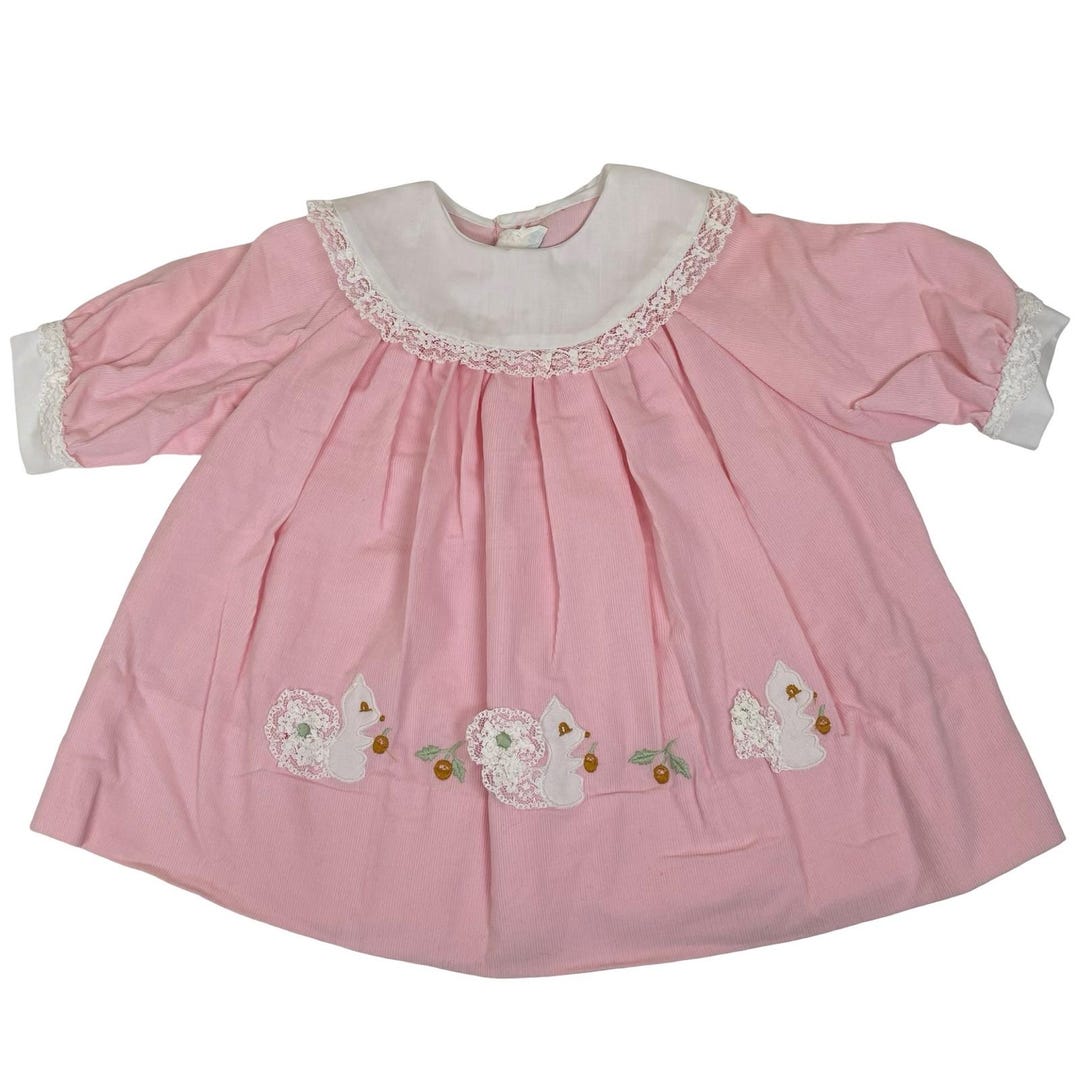 Vintage Nannette Baby Girl Pink Squirrel Embroidered Dress White Lace ...