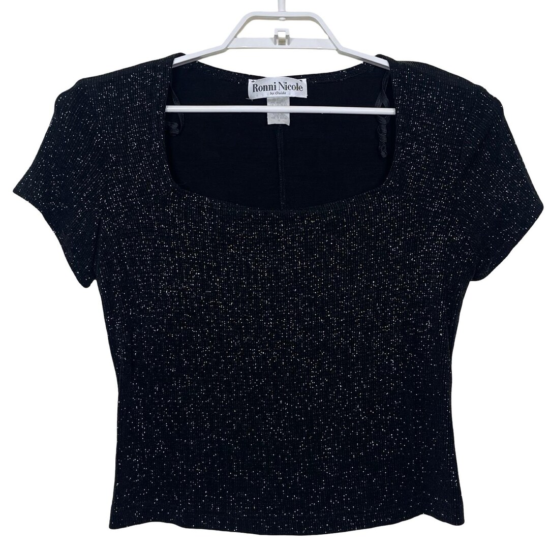 Vintage Ronni Nicole Black Sparkle Top Ribbed Square Neck S 90s Y2K ...