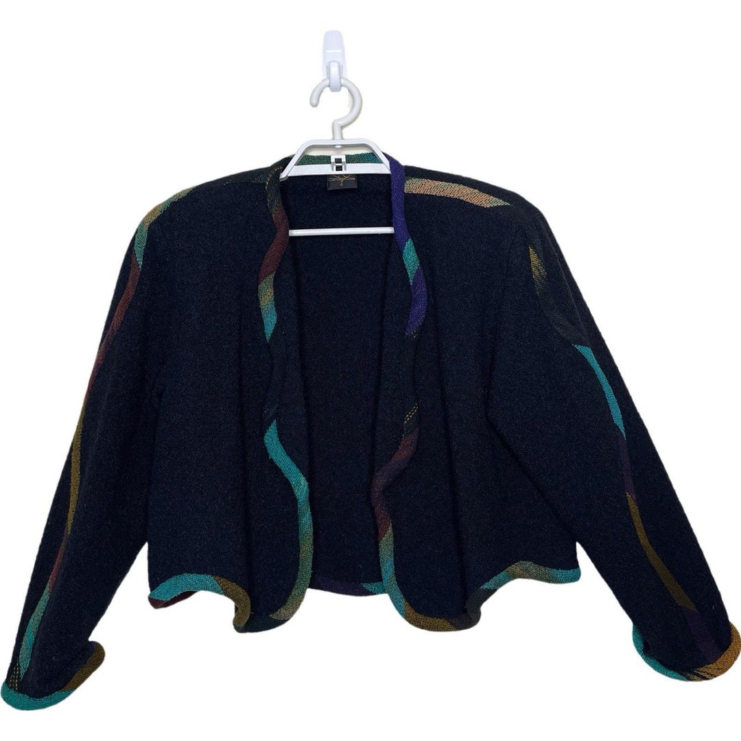 Vtg CANDISS COLE Wool Cropped Bolero Jacket Black Rainbow Trim Art to ...