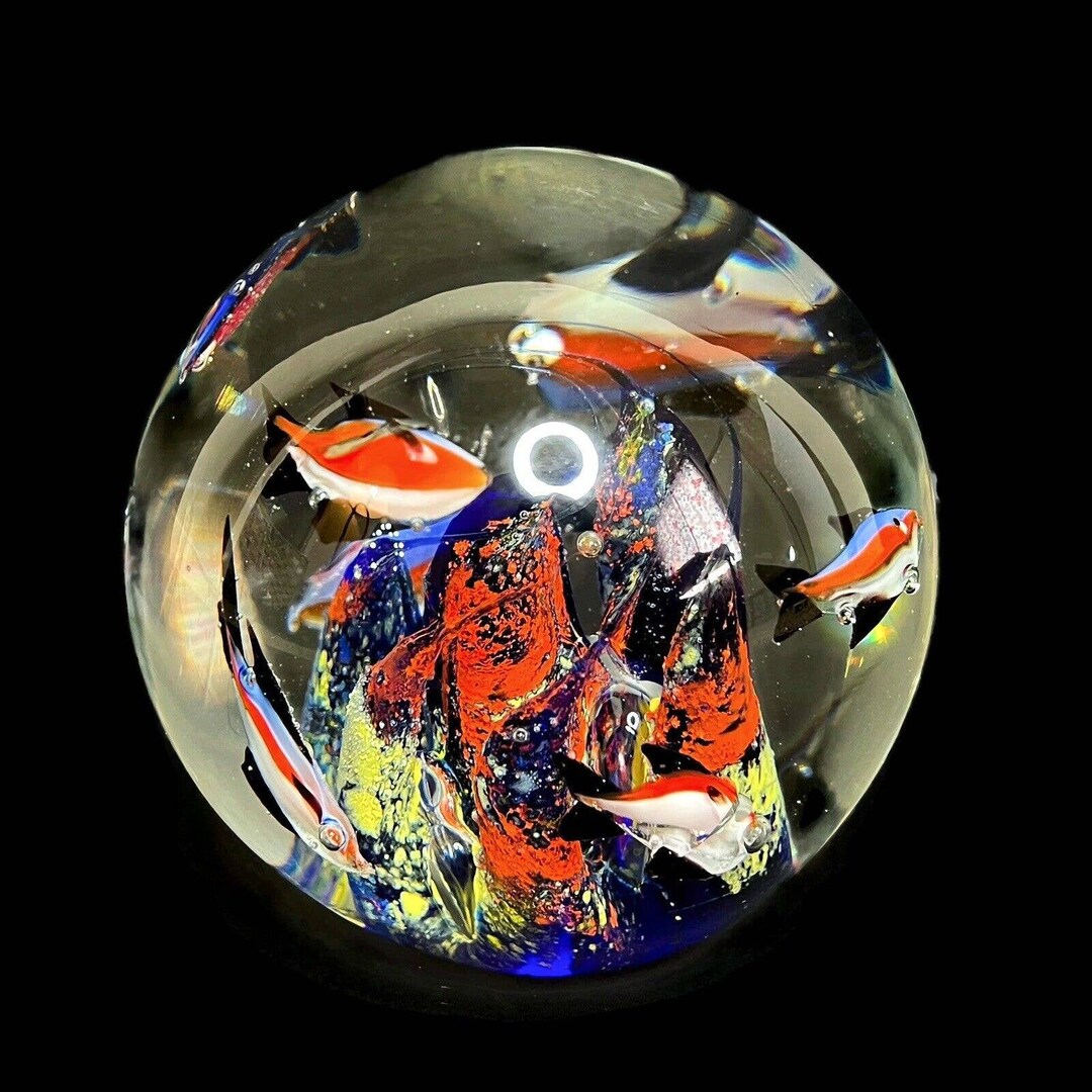 Vtg Hand Blown Art Glass Tropical Fish Aquarium Globe Paperweight ...