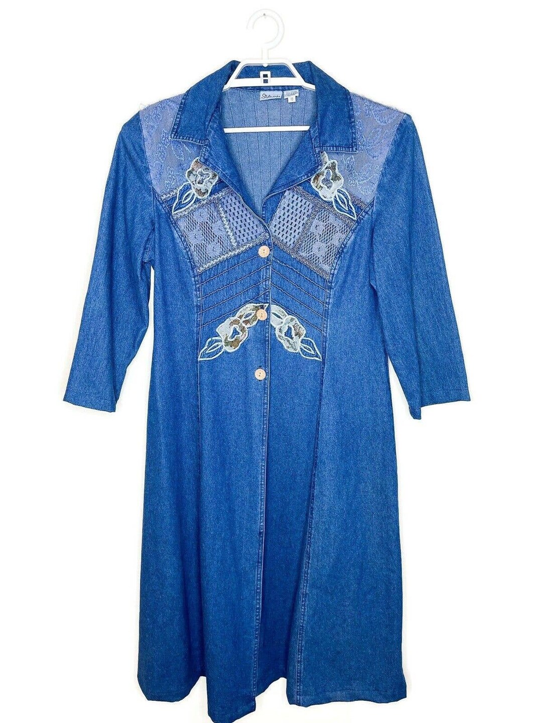 Vtg Womens Blue Denim Duster Coat Floral Embroidered Lace 80s 90s ...