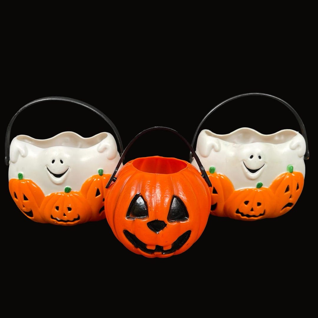 Vintage Halloween Pumpkin Ghost Mini Candy Buckets Treat Pail Set of 3 ...
