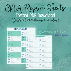 CNA Report Sheet Downloadable PDF Printable Two Styles 5 Color Schemes ...